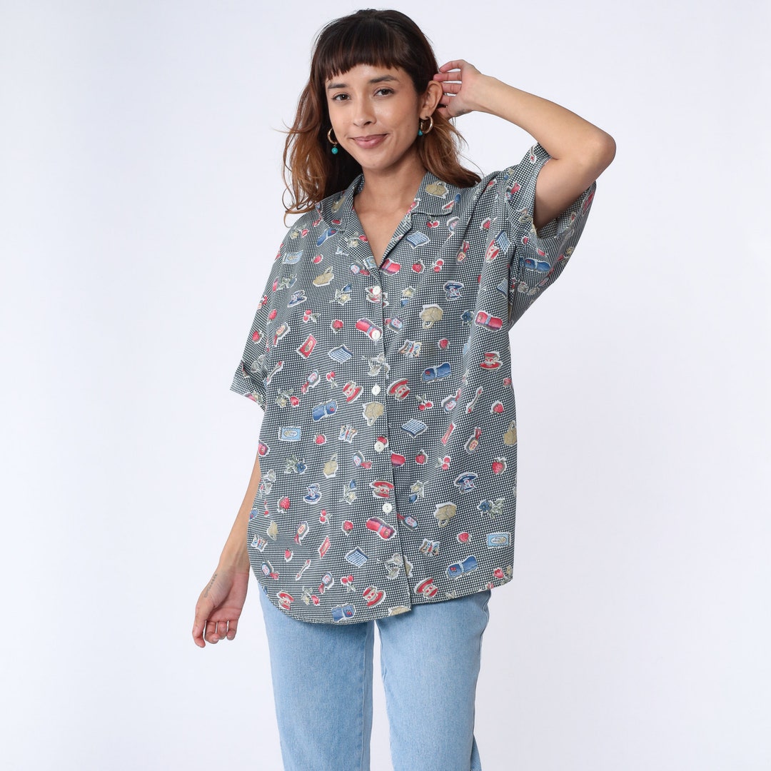 90s Button up Blouse Tea Party Checkered Cherry Strawberry Fruit ...