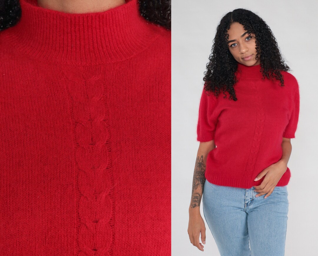 Red Angora Sweater 90s Mock Neck Sweater Top Retro Cable Knit Short ...