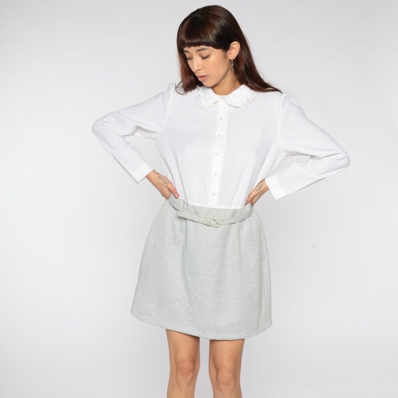 Secretary Mini Dress 80s PUFF Sleeve Dress White Grey… - Gem