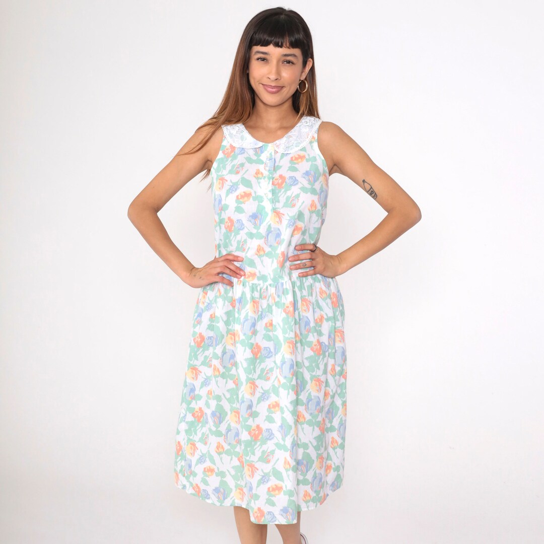 Floral Sun Dress 80s Lace Collar Drop Waist Midi Dress White Vintage ...