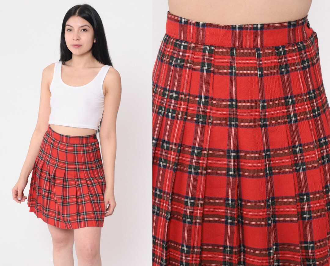 Plaid Mini Skirt 90s Red School Girl Skirt Pleated Tartan High Waisted ...