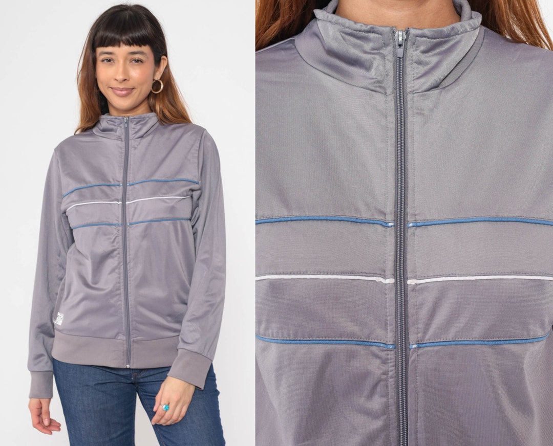 90s Track Jacket Grey Striped Zip up Plain Jacket Retro Funnel Neck ...