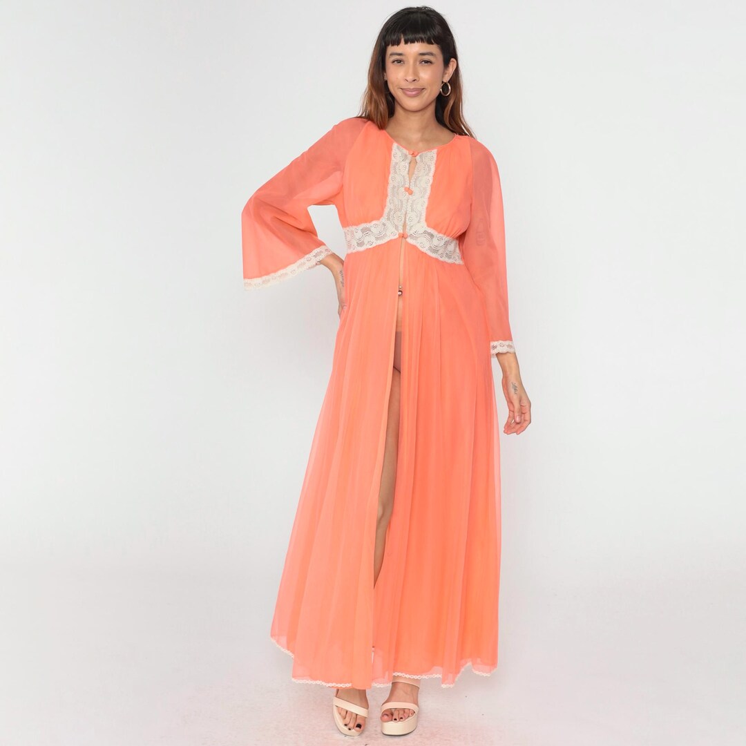 70s Orange Nightgown Set With Robe Two Piece Nightie Jacket Lace Trim ...