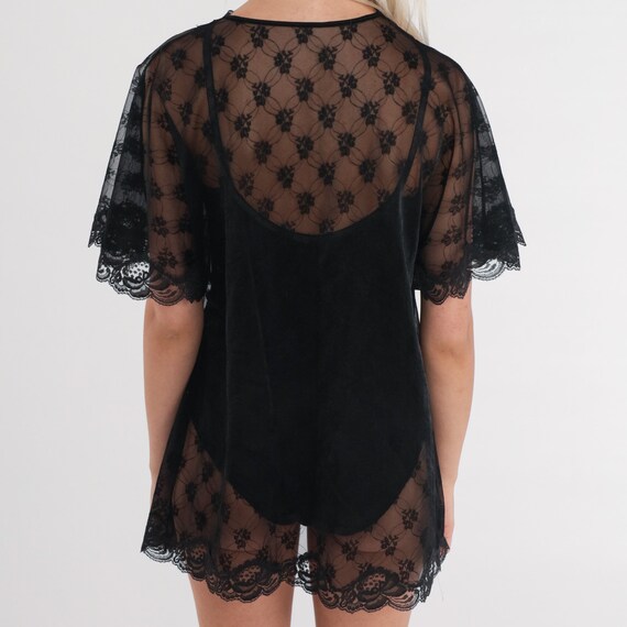 Black Lace Robe 70s Lingerie Jacket Sheer Floral Butt… - Gem