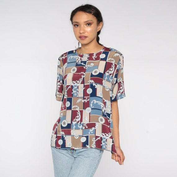 Geometric Blouse 90s Baroque Color Block Print Shirt … - Gem