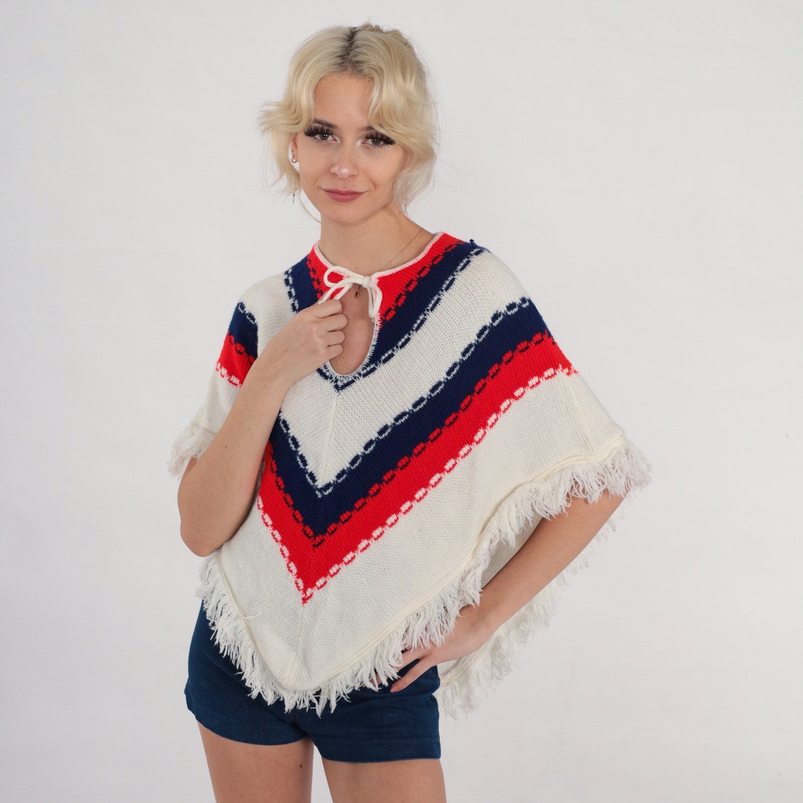 70s Striped Poncho Knit Hippie Poncho Fringe Shall Cape - Etsy