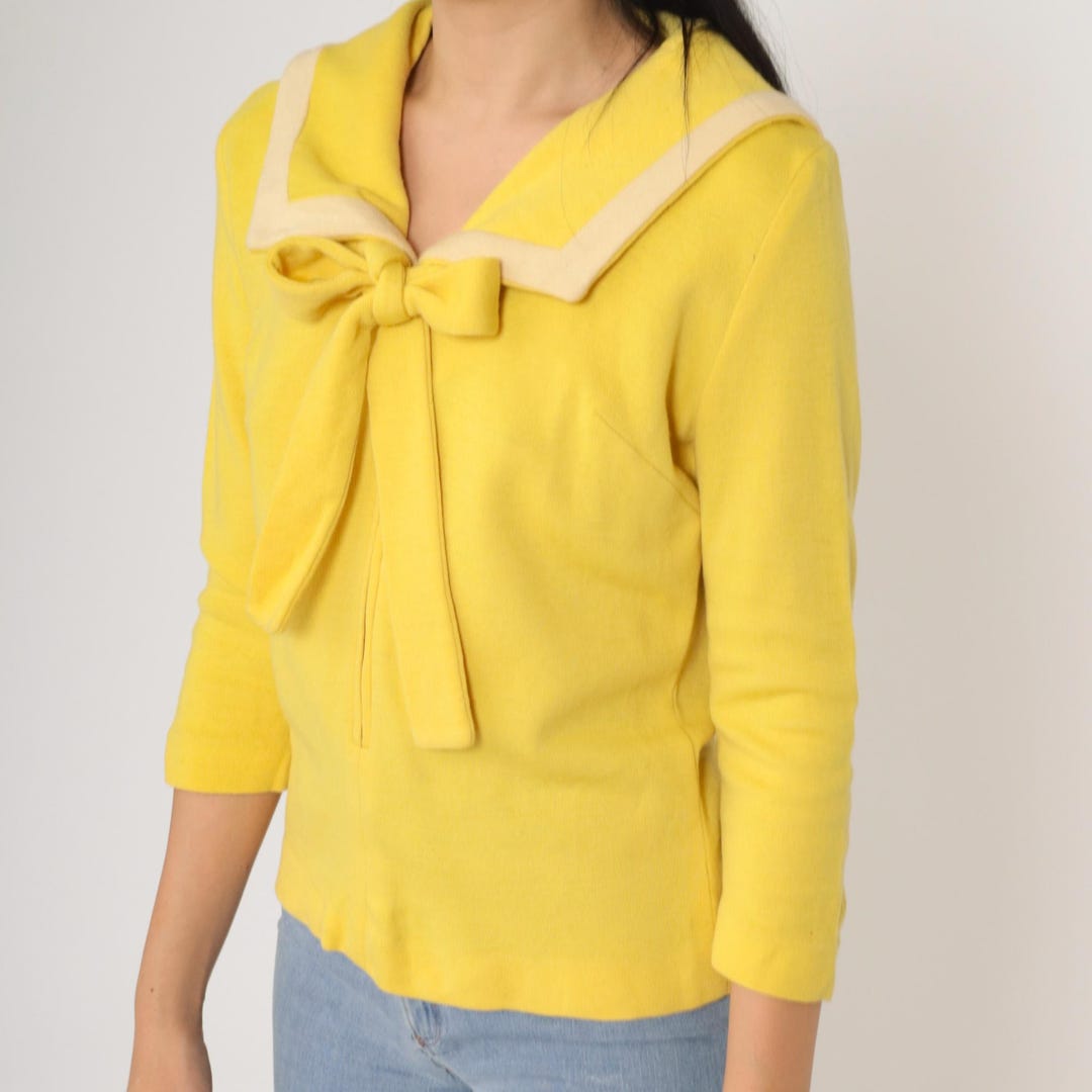 60s Sailor Collar Shirt Yellow Knit Top Ascot Bow Neck Nautical Blouse ...