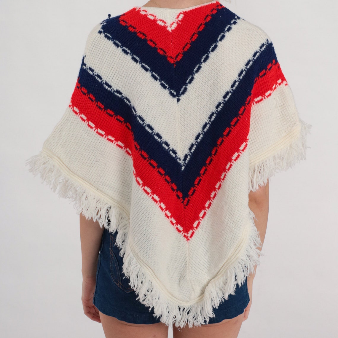 70s Striped Poncho Knit Hippie Poncho Fringe Shall Cape Blanket White ...