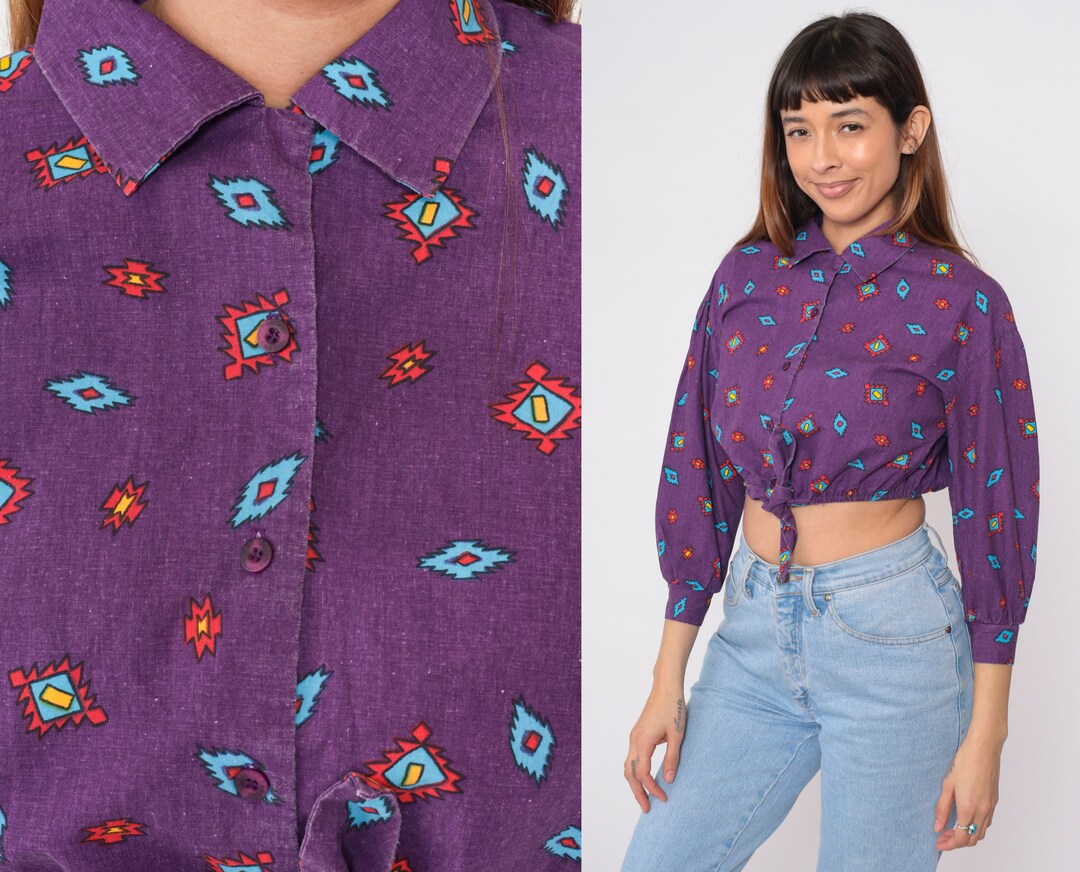 Southwest Crop Top 90s Purple Button up Southwestern Blouse Tie Waist ...