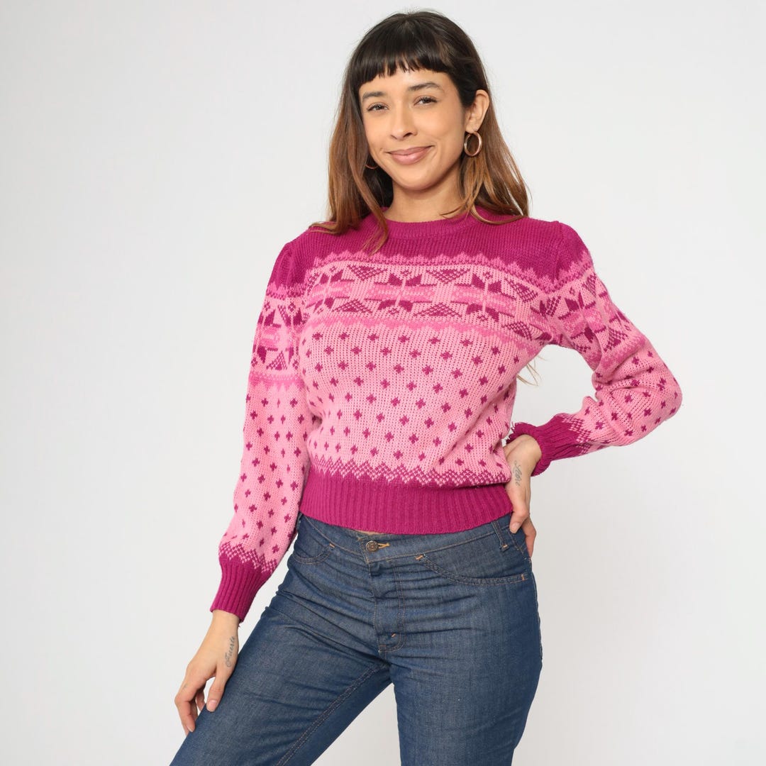 Vintage Pink Fair Isle Sweater 80s Nordic Puff Sleeve Sweater Boho Ski ...