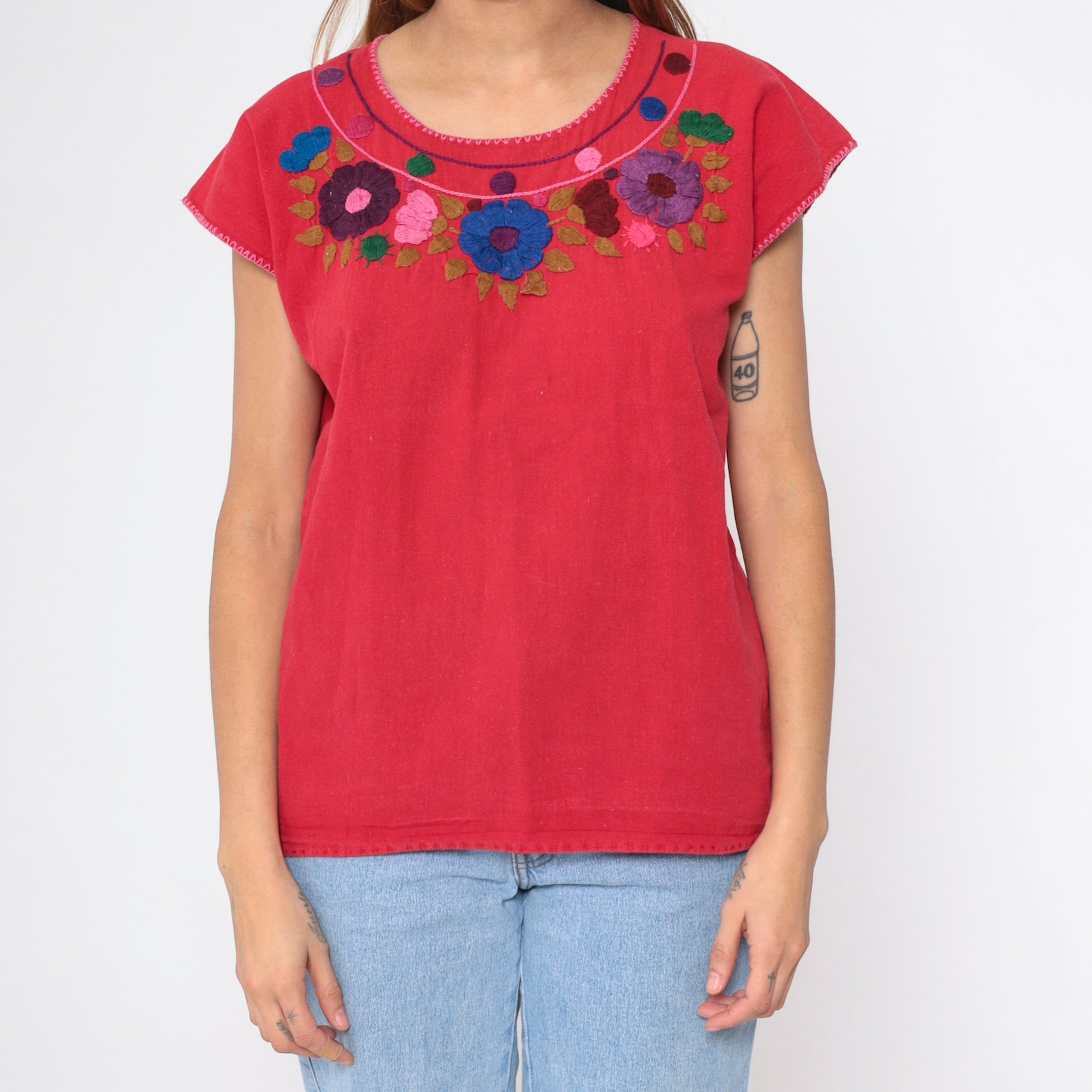 Mexican Embroidered Top Blouse 90s Red Floral Blouse Peasant Hippie ...