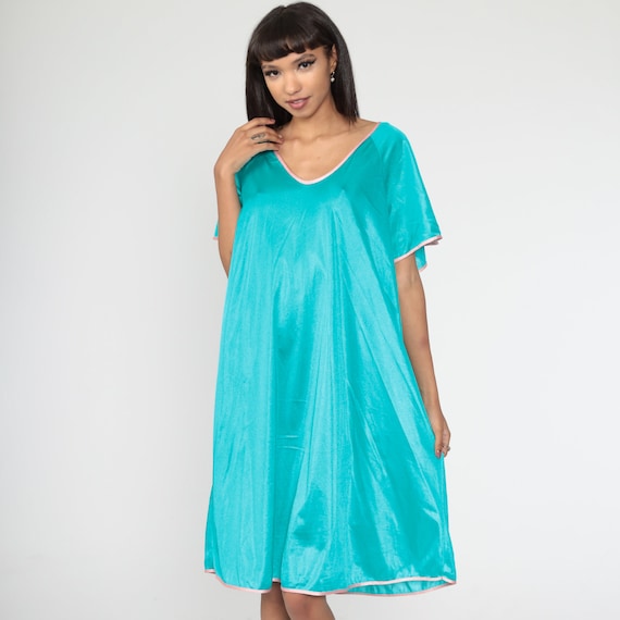 Turquoise Nylon Nightgown Lingerie Ringer Pajama Nigh… - Gem