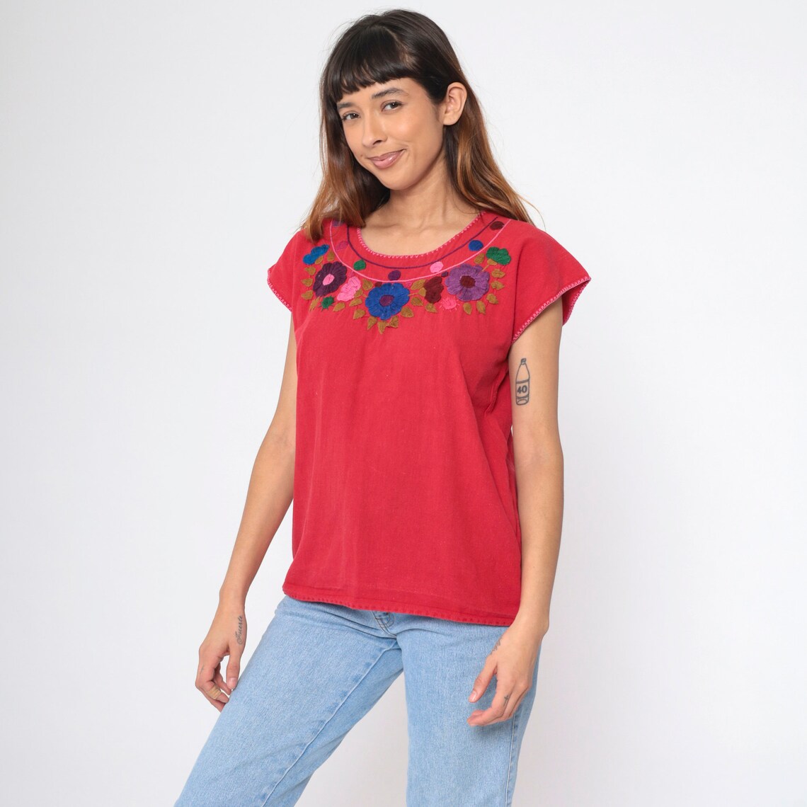 Mexican Embroidered Top Blouse 90s Red Floral Blouse Peasant Hippie ...