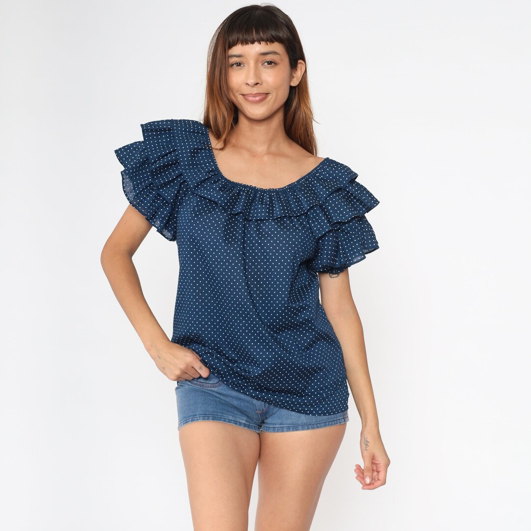 Blue Polka Dot Shirt 80s Ruffle Peasant Top Boho Blouse Pullover Shirt ...
