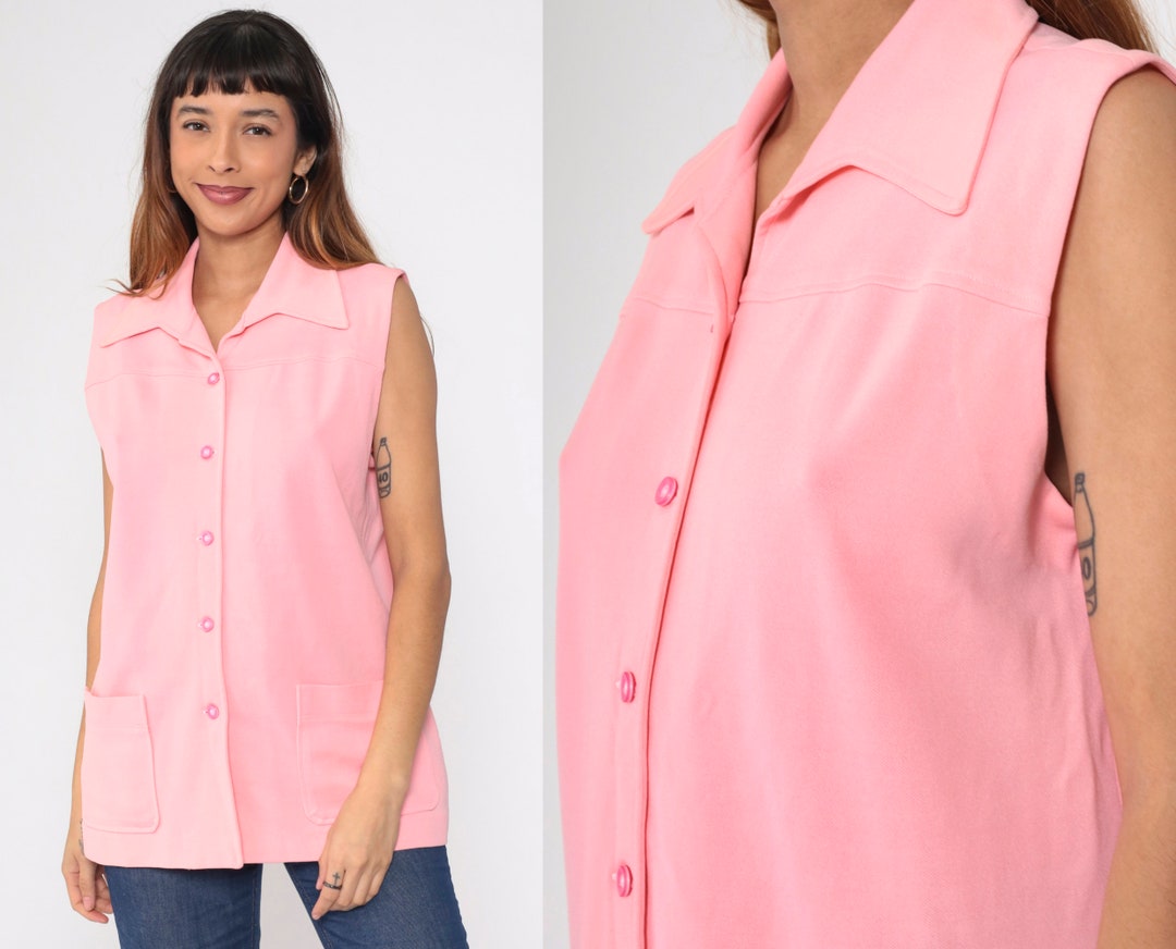 Pink Tank Top 70s Blouse Wing Collar Button up Shirt Sleeveless ...