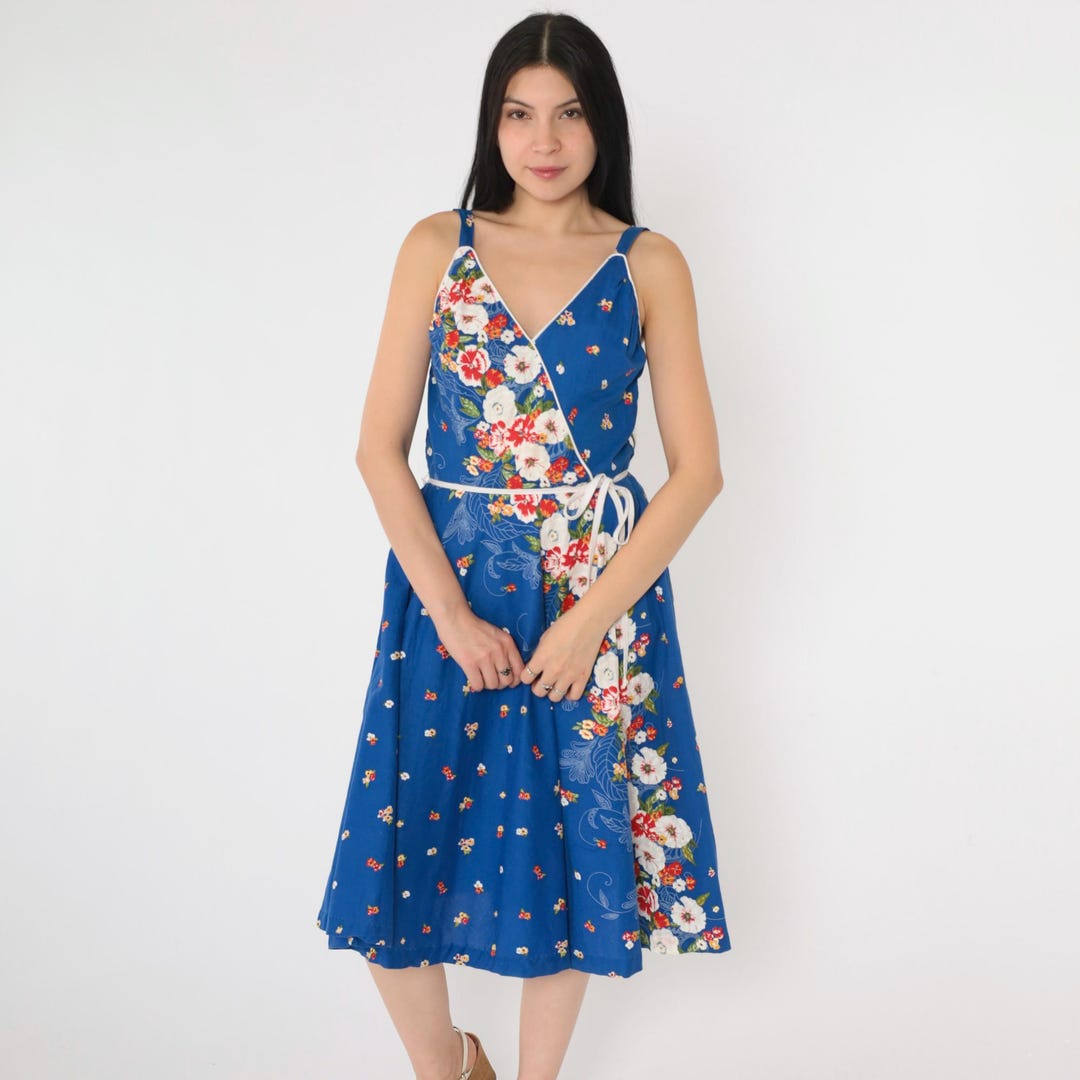 Vintage Floral Sun Dress 80s Royal Blue Midi Retro Smocked High Waisted ...