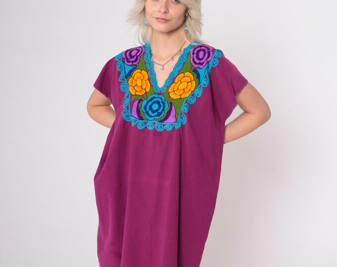 Purple Mexican Dress 90s Floral Embroidered Mini Dress Short Sleeve ...