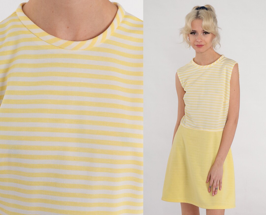 Yellow Striped Dress 70s Mod Mini Dress Sleeveless Shift Dress Retro ...