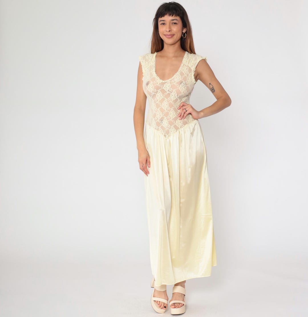 80s Yellow Lace Nightgown Lingerie Slip Dress Maxi Boho Sheer Pastel ...