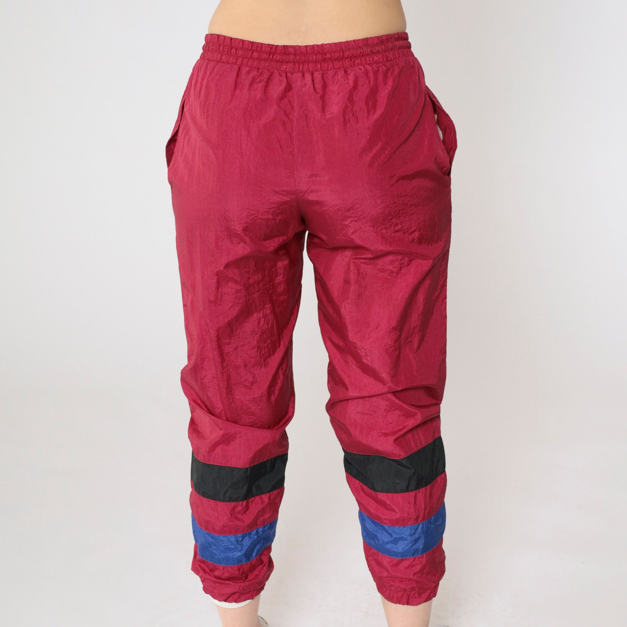 90s Track Pants Raspberry Striped Nylon Jogging Pants Warmup 90s Track Pants Raspberry Striped Nylon Jogging Pants Warmup
