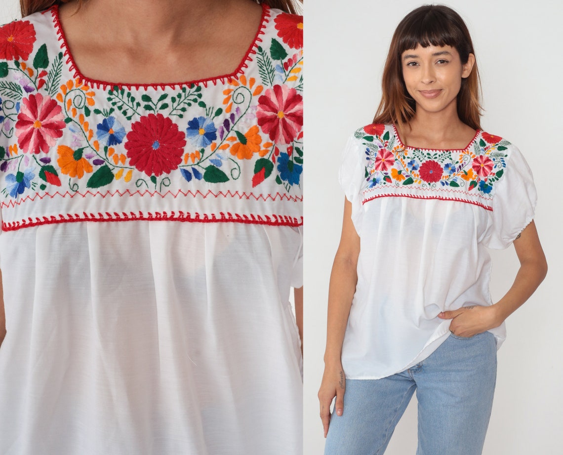 Floral Embroidered Blouse 90s Mexican Top White Peasant Hippie Short ...