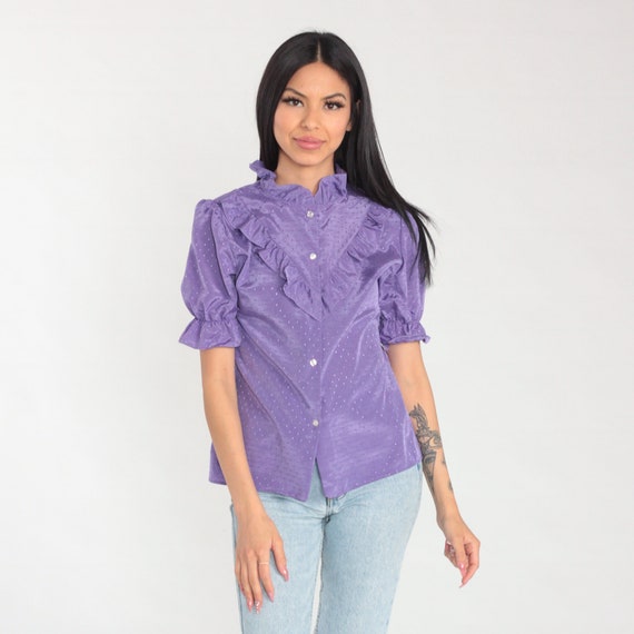 Purple Ruffle Blouse 80s Puff Sleeve Button Up Top Re… - Gem