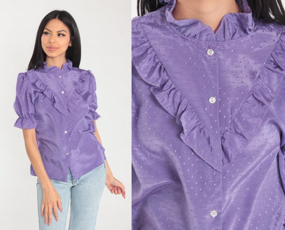 Purple Ruffle Blouse 80s Puff Sleeve Button Up Top Re… - Gem