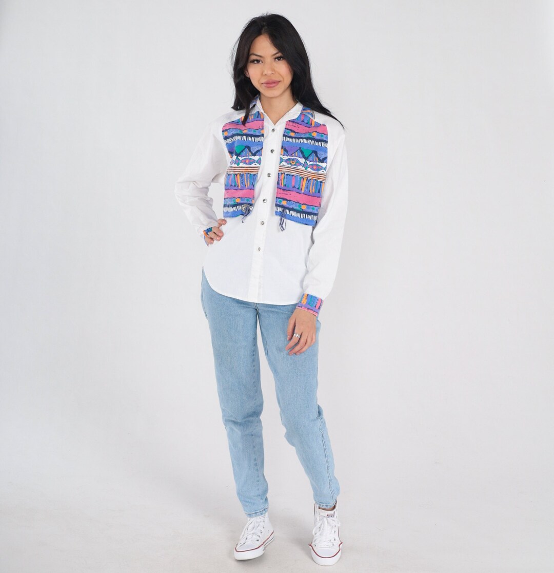 Southwestern Blouse 90s Button up Collared Western Shirt Layered Yoke ...