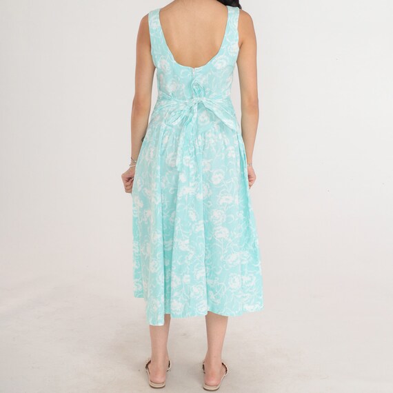Floral Sundress 80s Light Aqua Blue Midi Dress Retro … - Gem