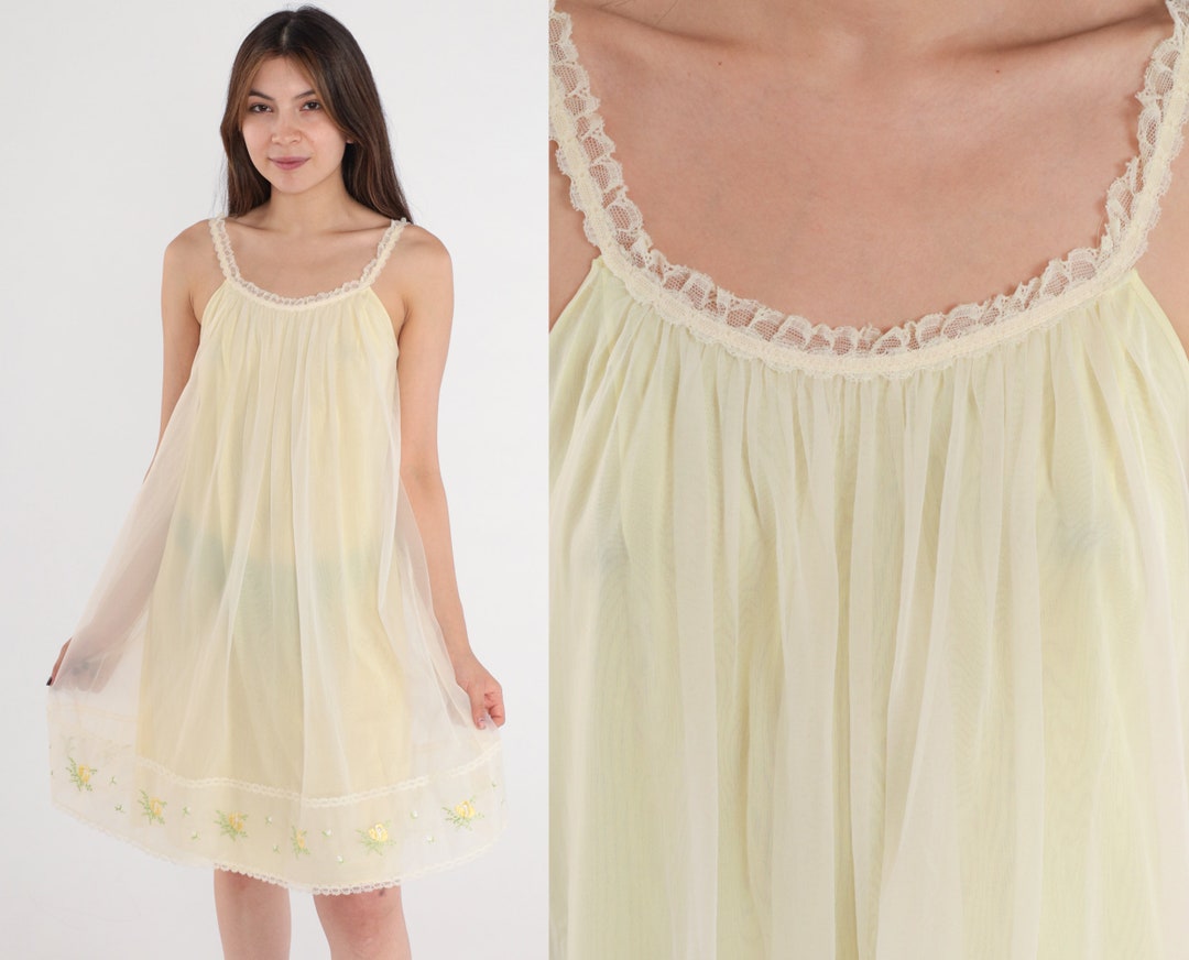 Pale Yellow Nightgown 70s Lingerie Slip Dress Floral Embroidered Lace ...