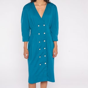 Blue Button up Dress 80s Midi Double Breasted Dress Pleated Secretary 3 ...