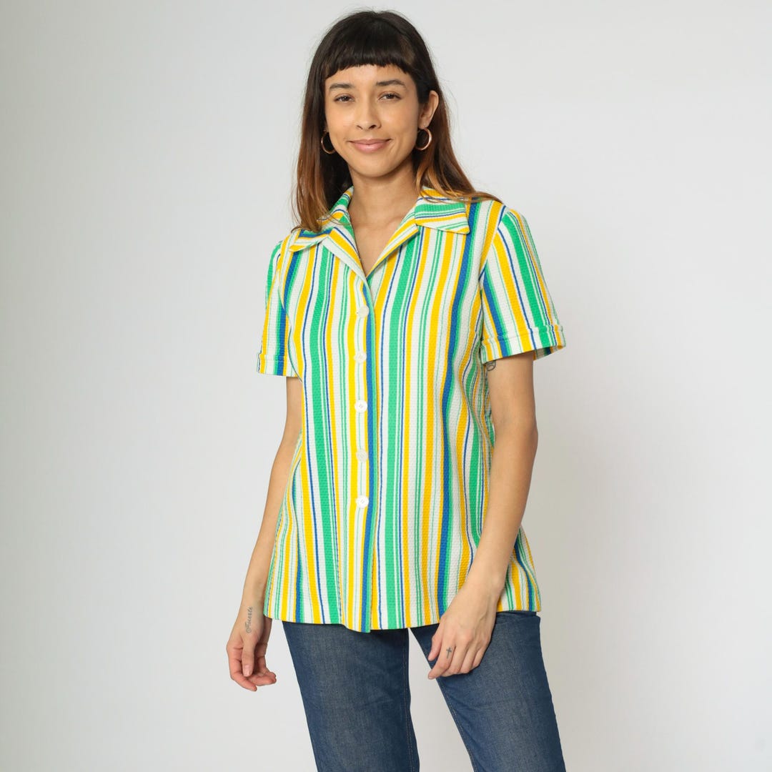 70s Striped Shirt Yellow Green Blue Shirt Short Sleeve Boho Top Geek ...