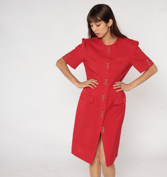 Red Sheath Dress 80s Midi Short Puff Sleeve Leslie Fa… - Gem
