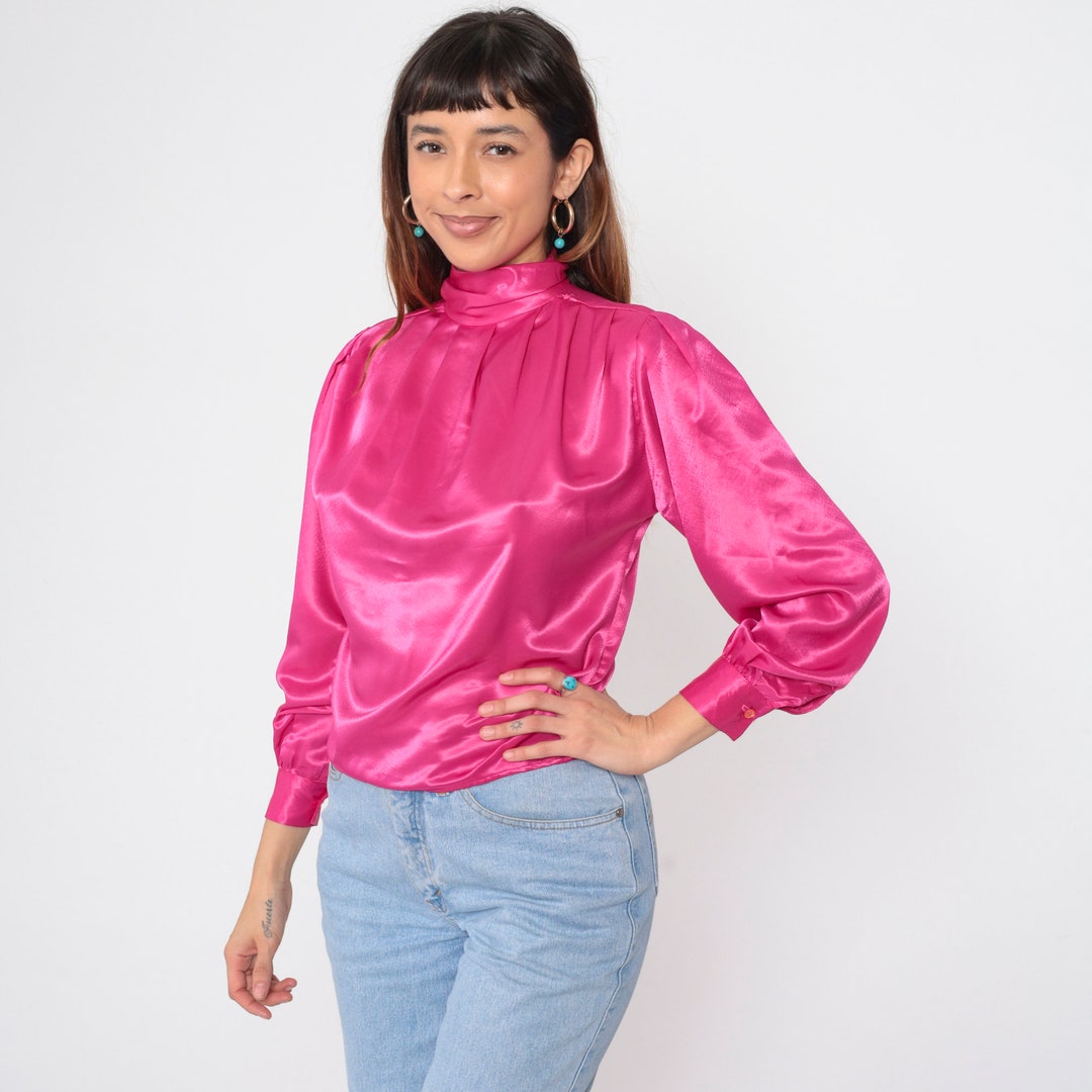 Pink Satin Shirt 80s Puff Sleeve Blouse Vintage Silky High Mock Neck ...