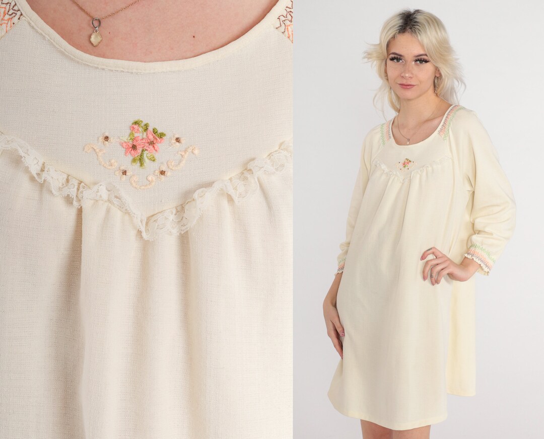 70s Mini Dress Cream Floral Embroidered Dress Mod Minidress Bohemian ...