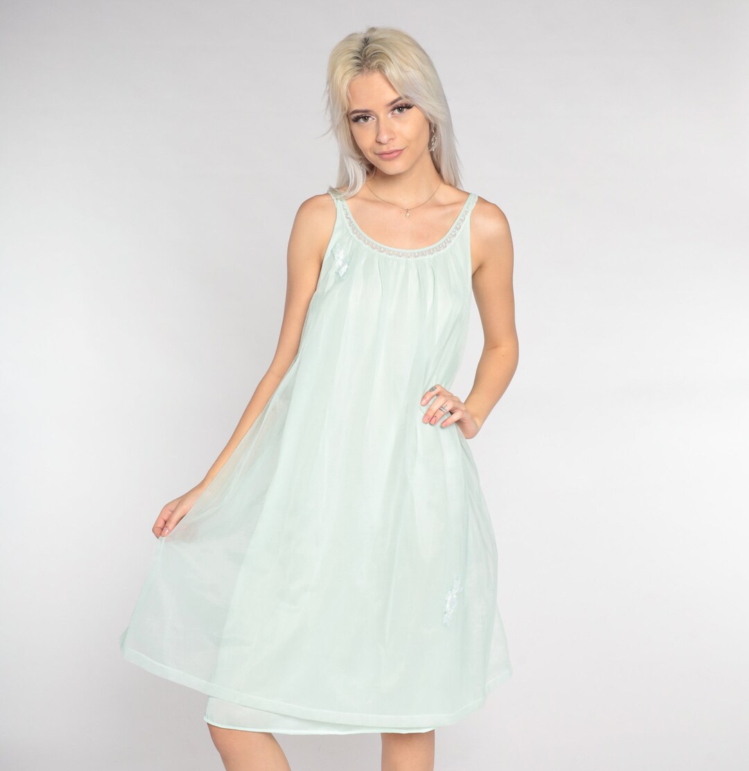 Mint Nightgown 70s Lingerie Mini Dress Floral Lace Babydoll Slip Pinup ...