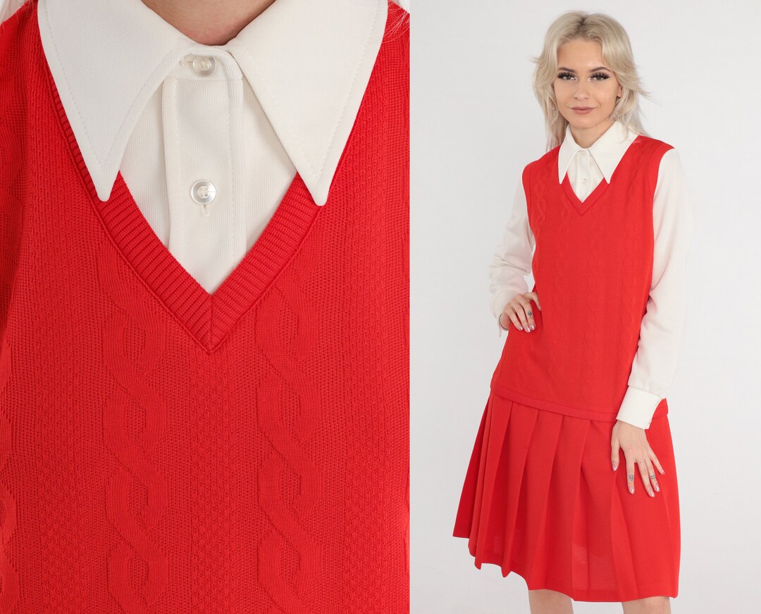 Pleated Mod Dress Red 60s 70s Scooter Dress Cable Knit Vest - Etsy
