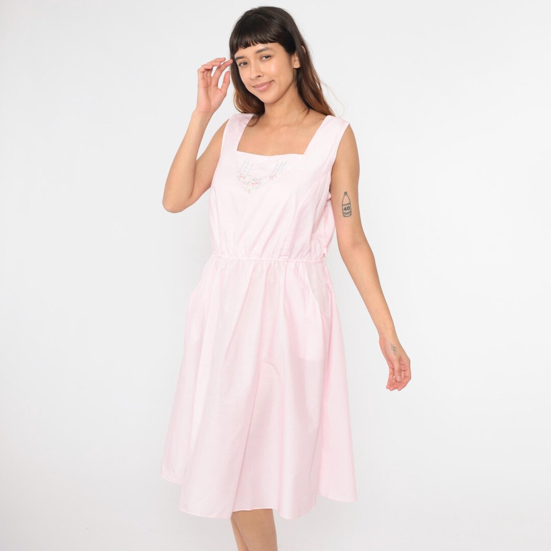 Vintage 80s Sun Dress Baby Pink Floral Embroidered Midi Dress Back Back ...
