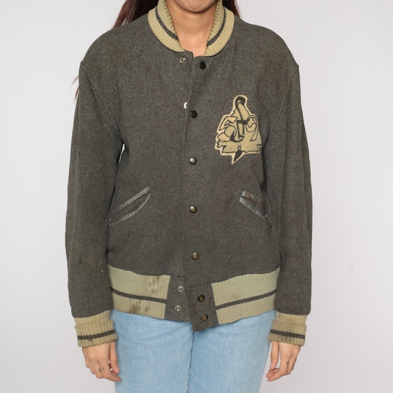 50s Varsity Jacket Grey Wool Baseball Jacket Retro Le… - Gem