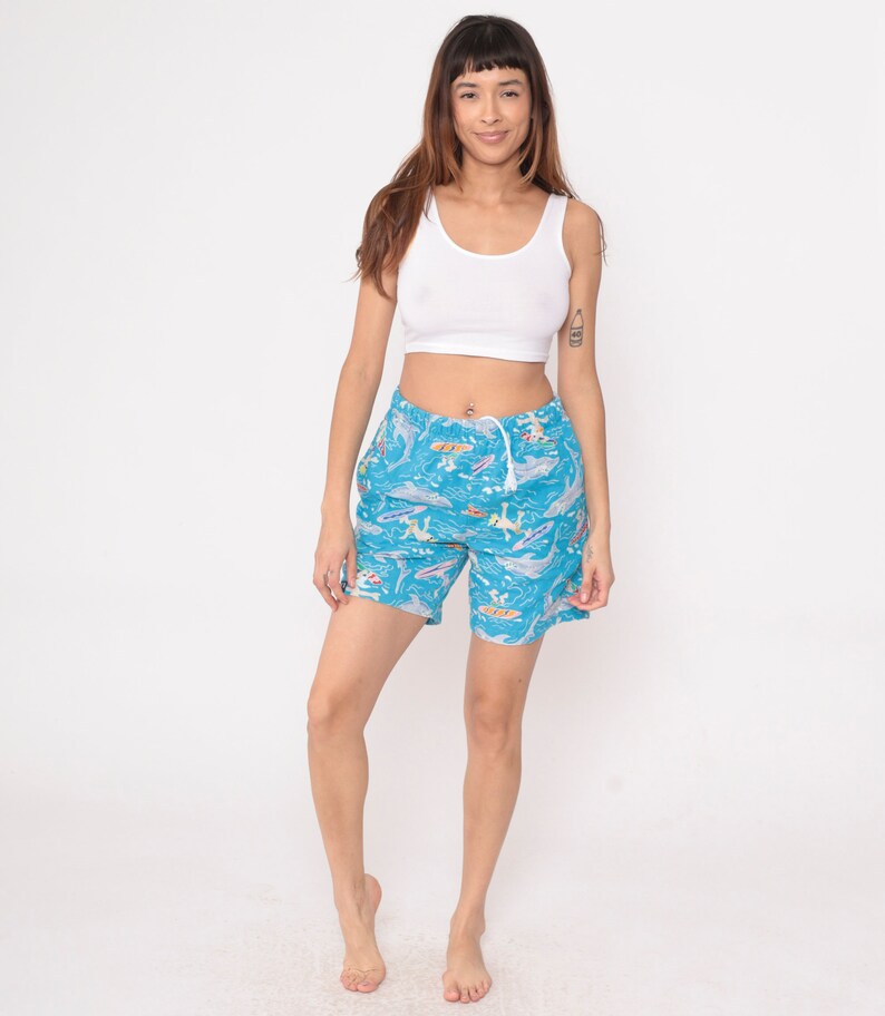 90s Surf Shorts Shark Surfer Print Swim Trunks Blue Cotton Kiwi Surf ...