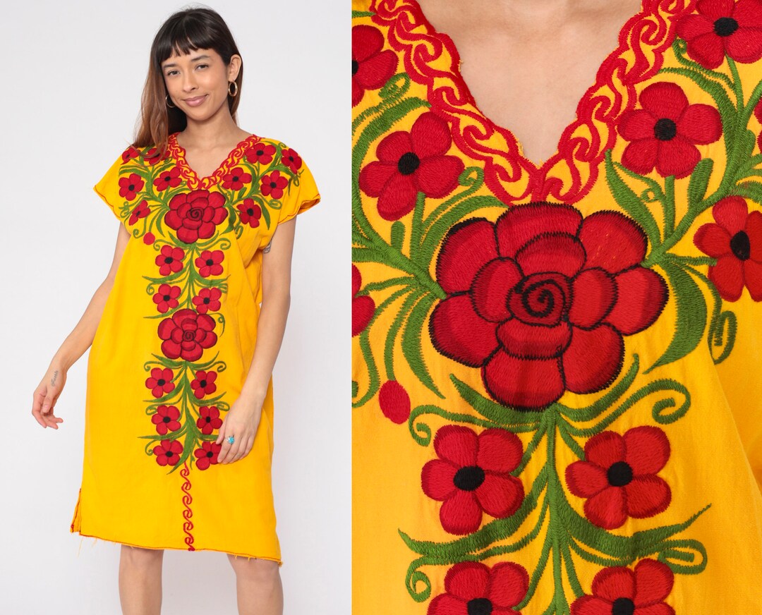 Floral Mexican Dress 90s Yellow Embroidered Midi Dress Hippie V Neck ...