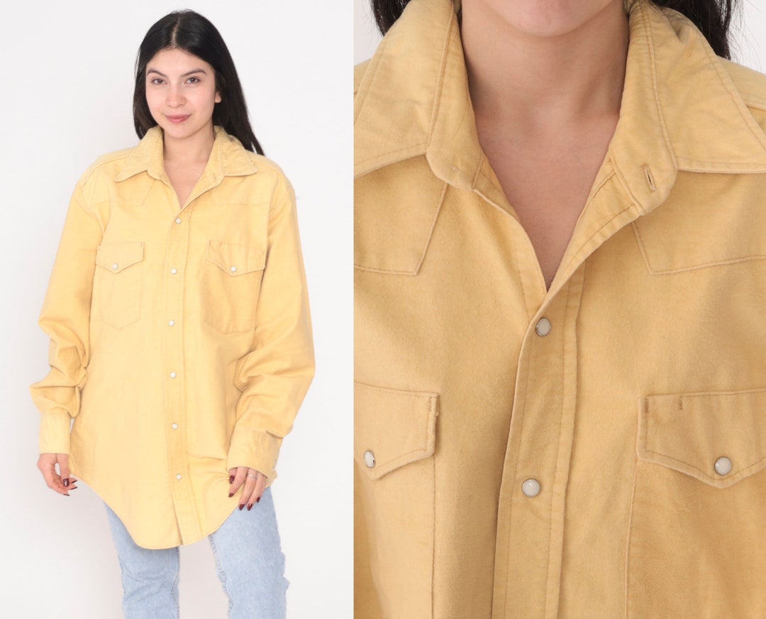 Yellow Western Shirt 90s Pearl Snap Button up Collared Cowboy Top Plain ...