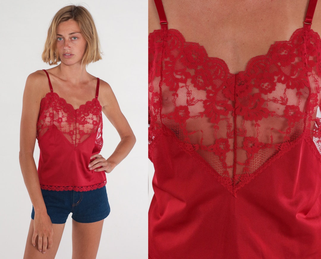 Red Lace Camisole 80s Lingerie Tank Top Sheer Cami Retro Boho Sexy ...