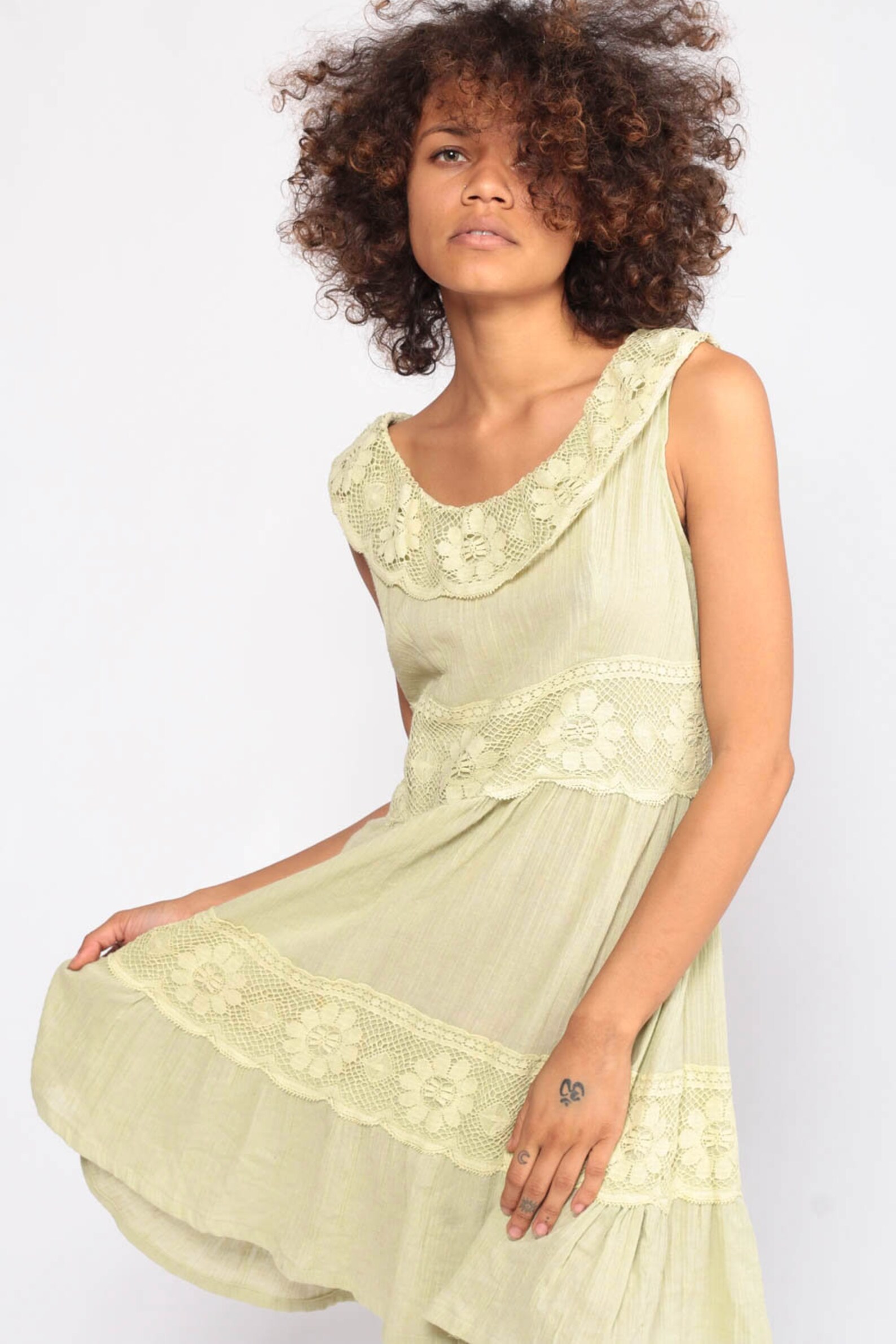 70s Bohemian Dress Mini Dress Gauze LACE TRIM 1970s Boho Dress Green ...