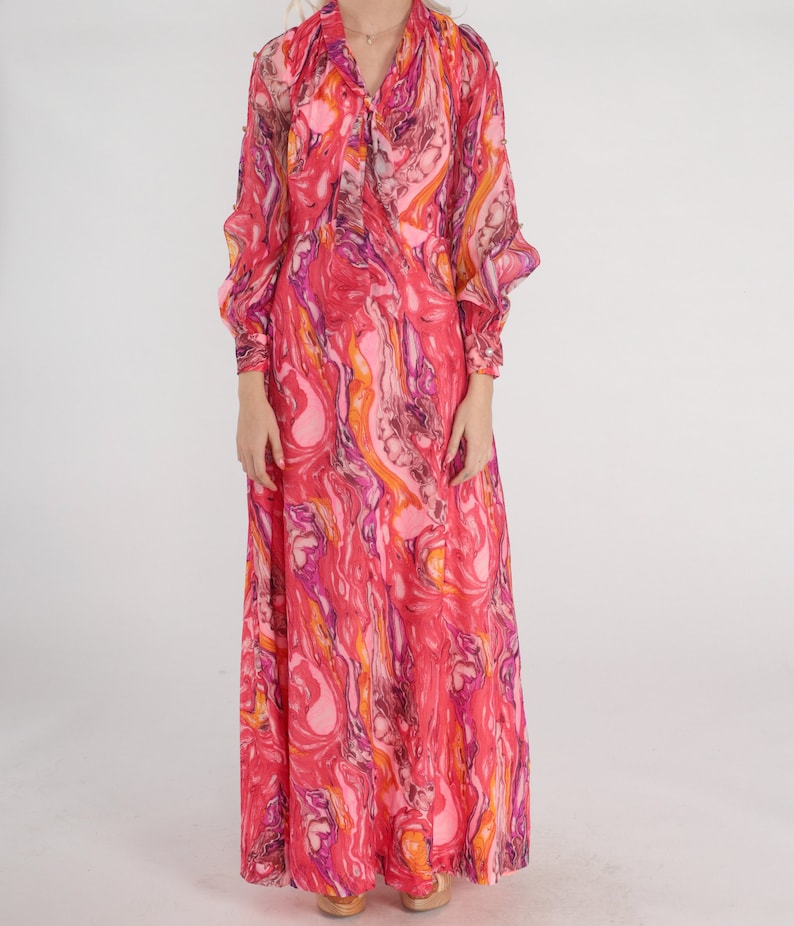 70s Maxi Dress Pink Marble Print Dress Retro Psychedelic Gown - Etsy