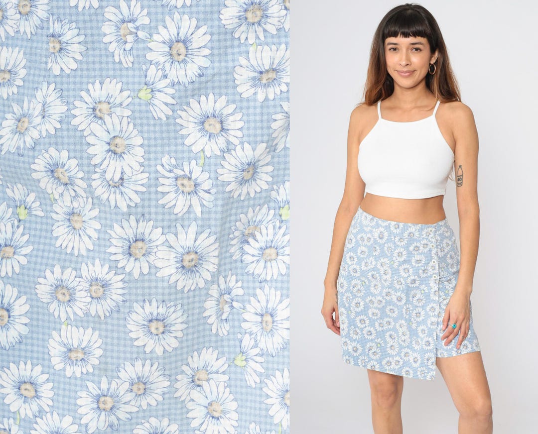 90s Floral Skort Checkered Baby Blue Mini Skirt Gingham Daisy Flower ...