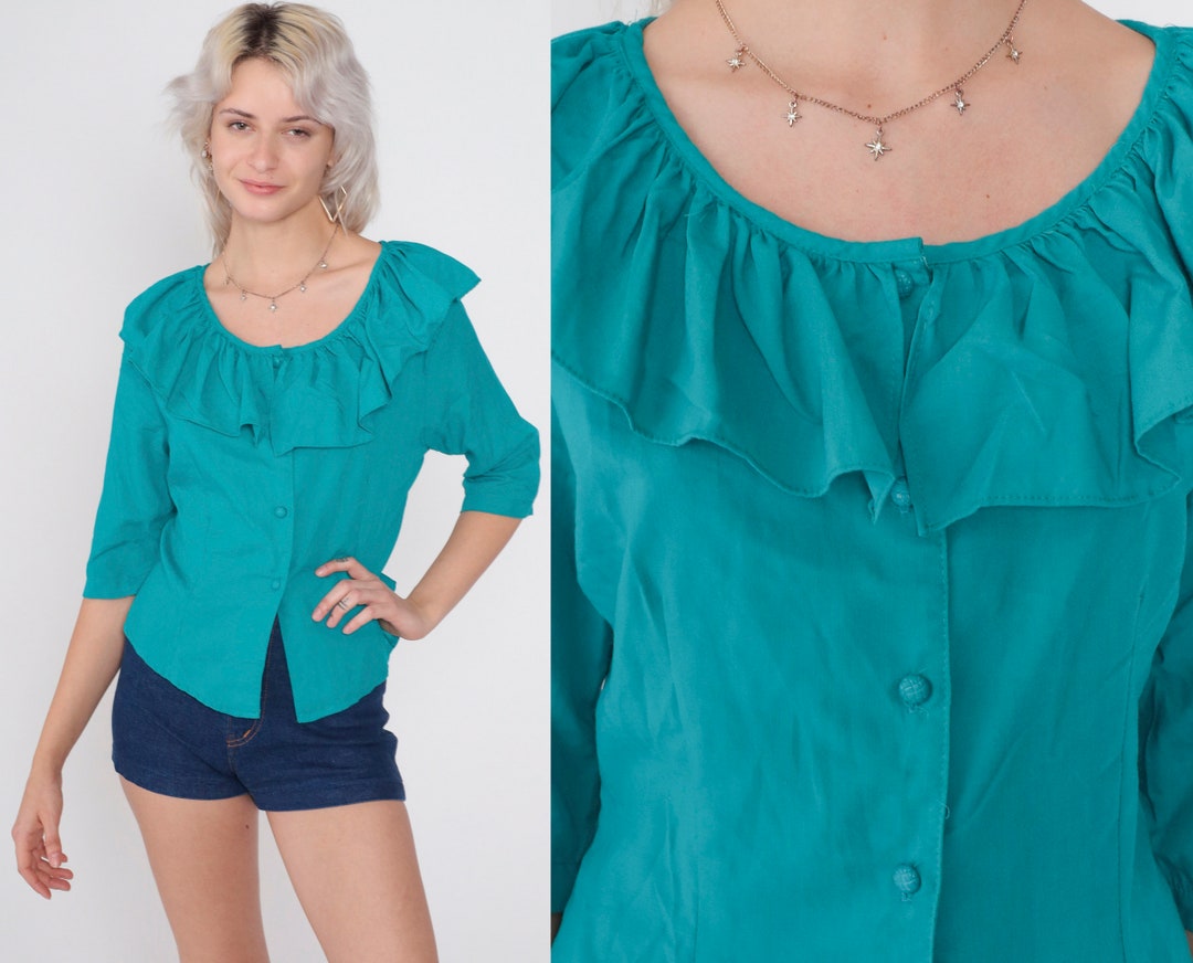 Teal Ruffle Blouse 80s Button up Shirt Ruffled Top 3/4 Boho Hippie ...