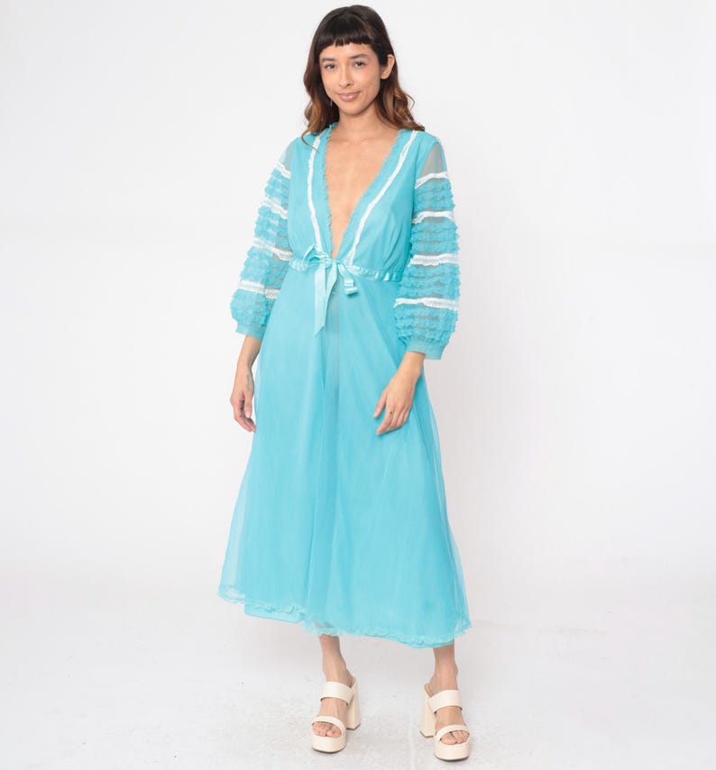 70s Blue Housecoat Robe Sheer Ruffle Lace Trim Sleeves Aqua Turquoise ...