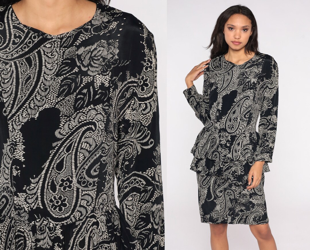 80s Floral Paisley Dress Black and White Peplum Dress Knee Length ...