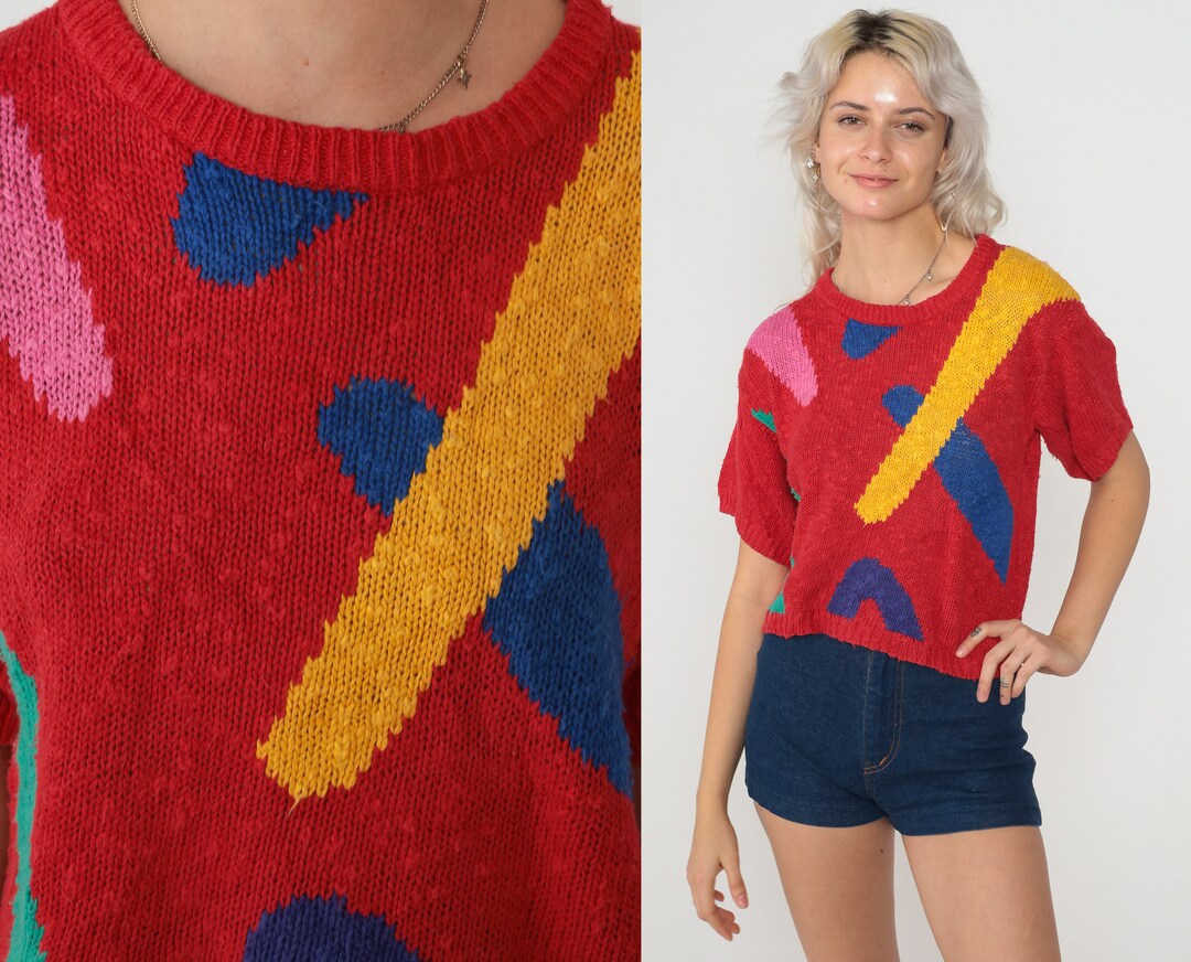 Red Sweater Top 80s Knit Shirt Yellow Blue Pink Green Abstract Scribble Print Short Sleeve ...